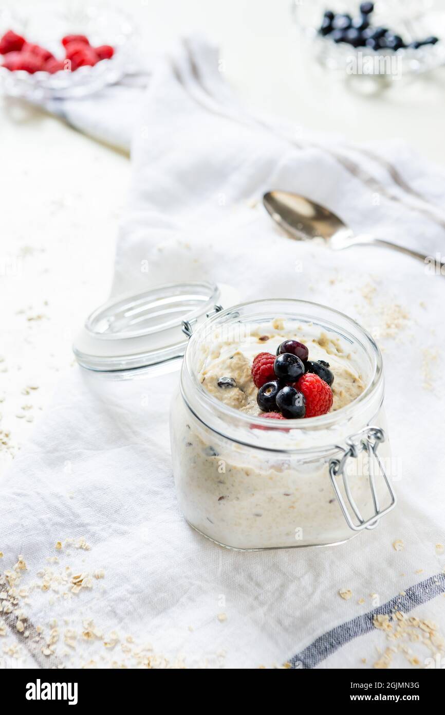 low fat breakfast: overnight oatmeal Stock Photo - Alamy