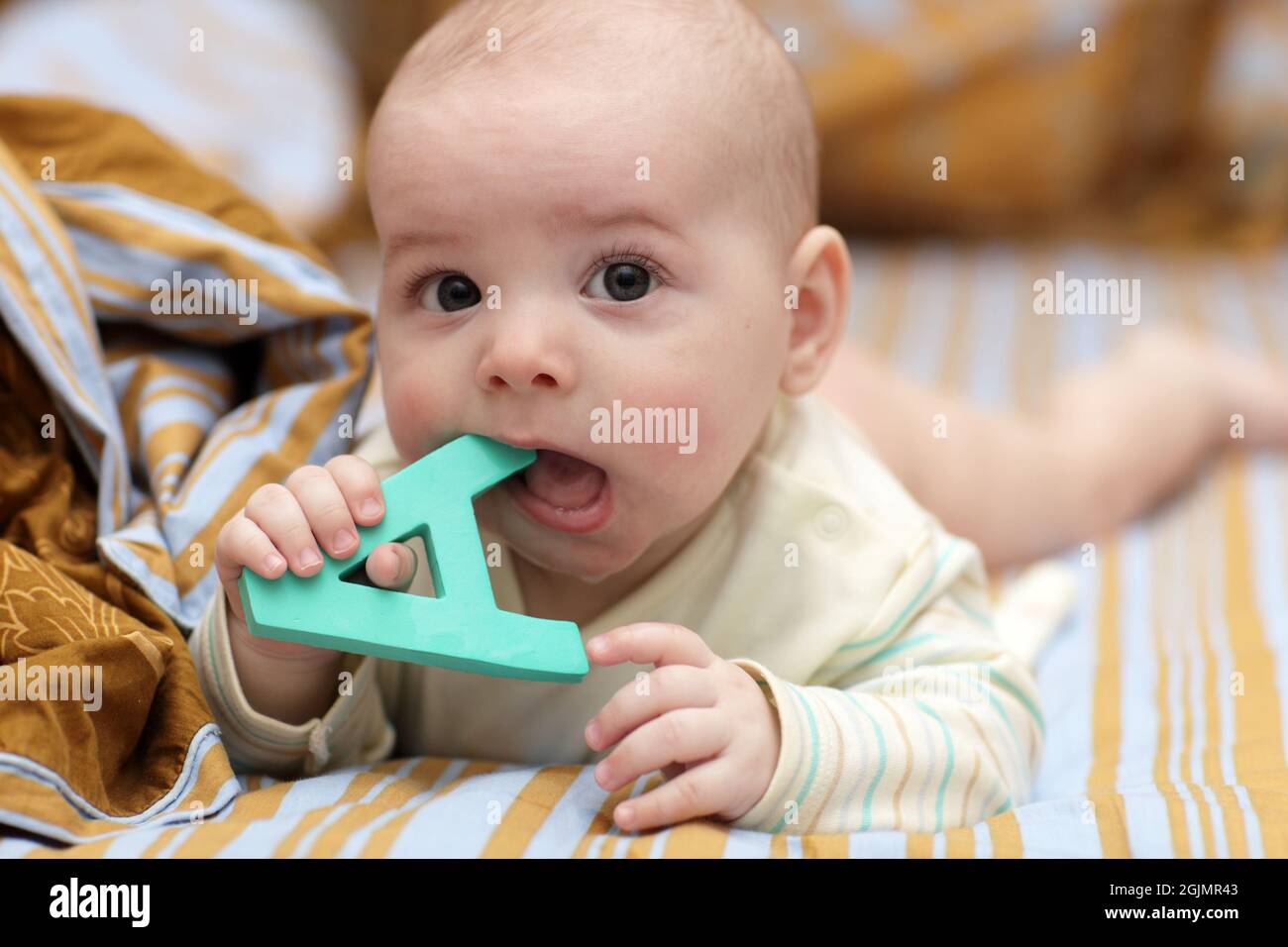 The baby boy with letter on a bed at home Stock Photo - Alamy