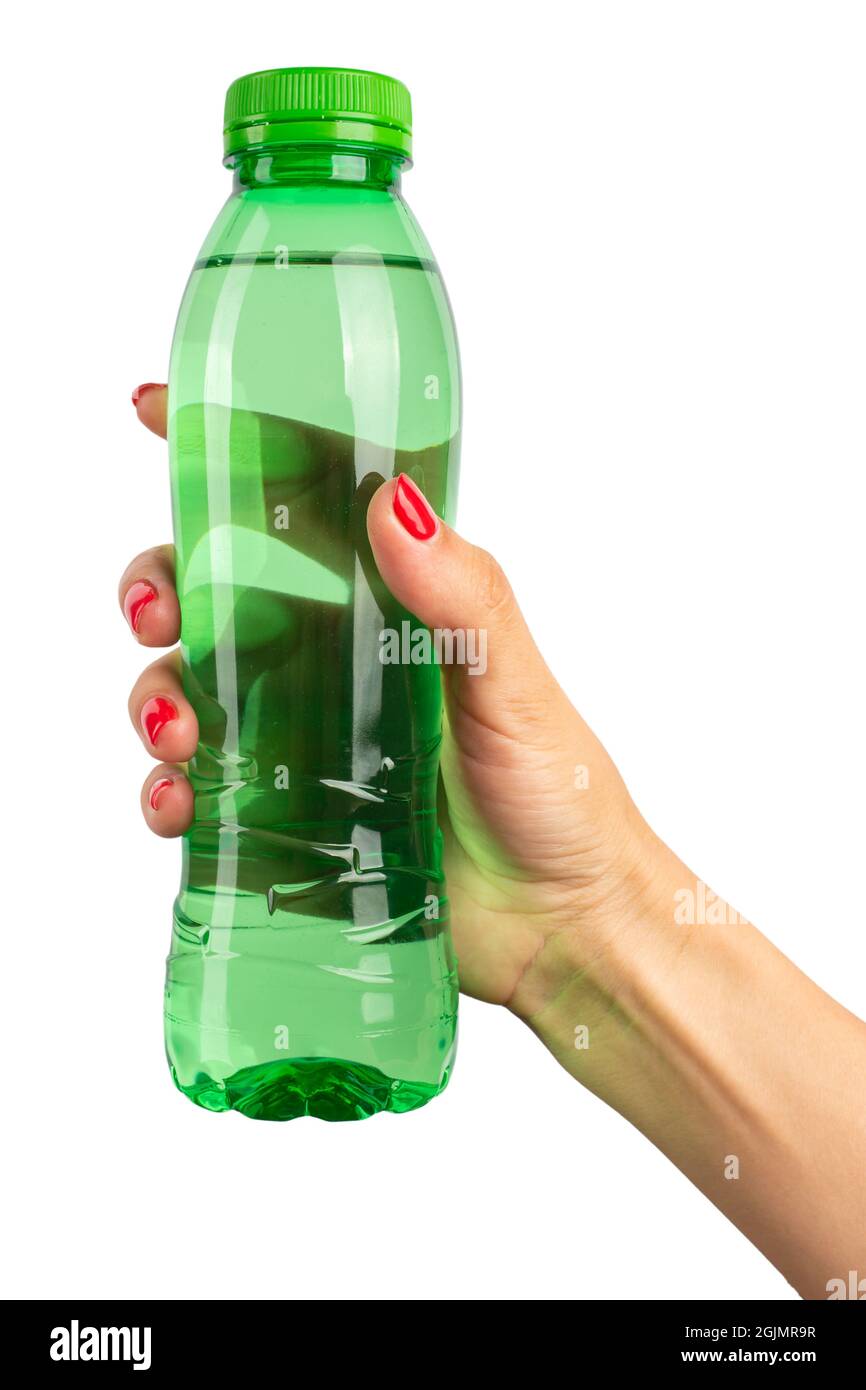 Water plastic bottle green colors in hand isolated on white background ...