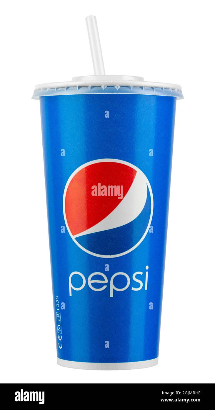 Ukraine, Kyiv - August 26. 2021: Pepsi paper cup with straw on isolated ...