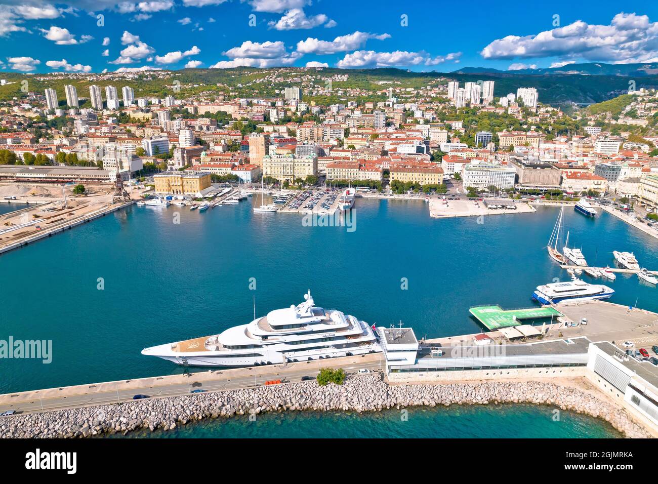 City of Rijeka waterfront and luxury yacht harbor aerial view, Kvarner ...