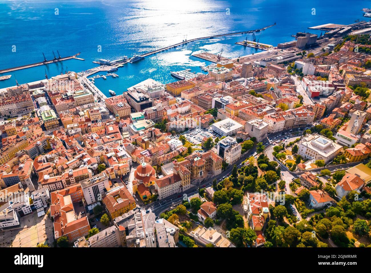 Rijeka city center and waterfront aerial view, Kvarner gulf in Croatia ...