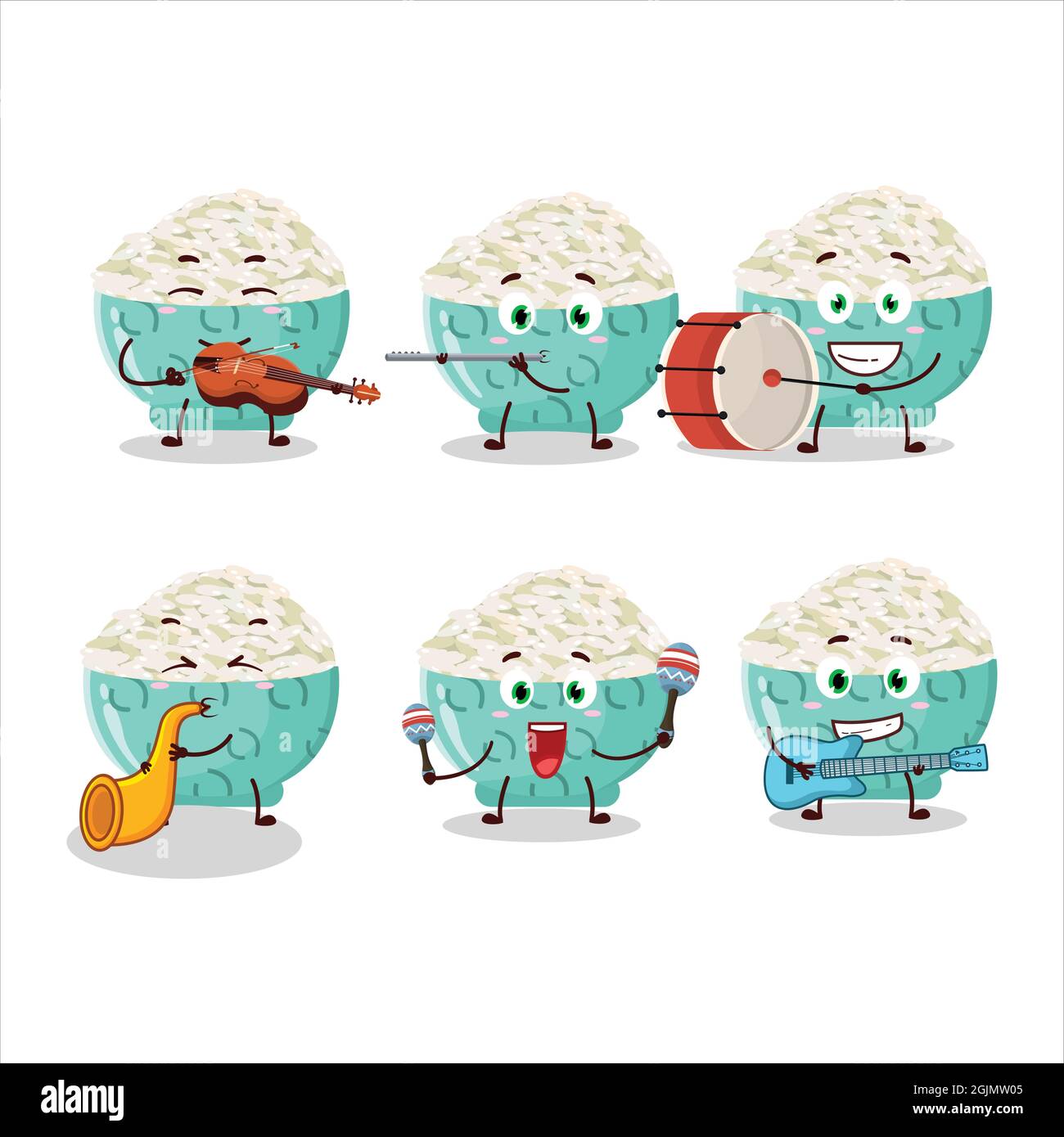 Cartoon character of risotto rice playing some musical instruments ...