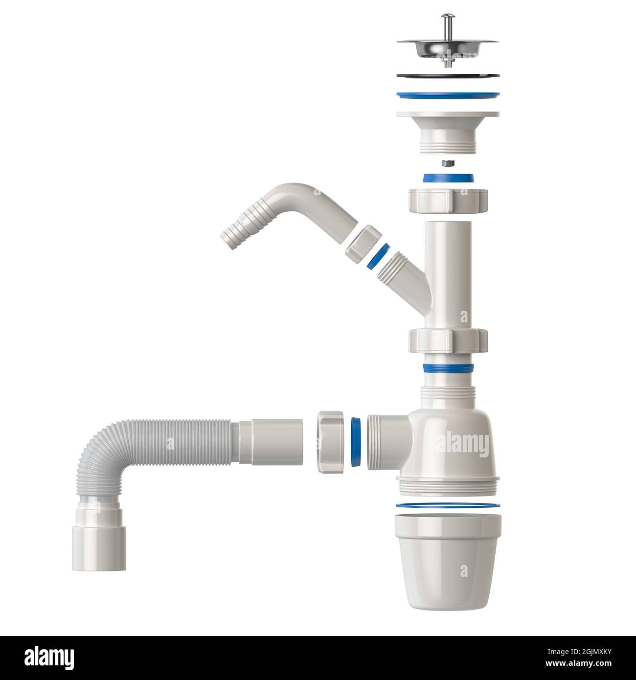 Siphon with bottle trap structure and parts isolated on white. 3d ...