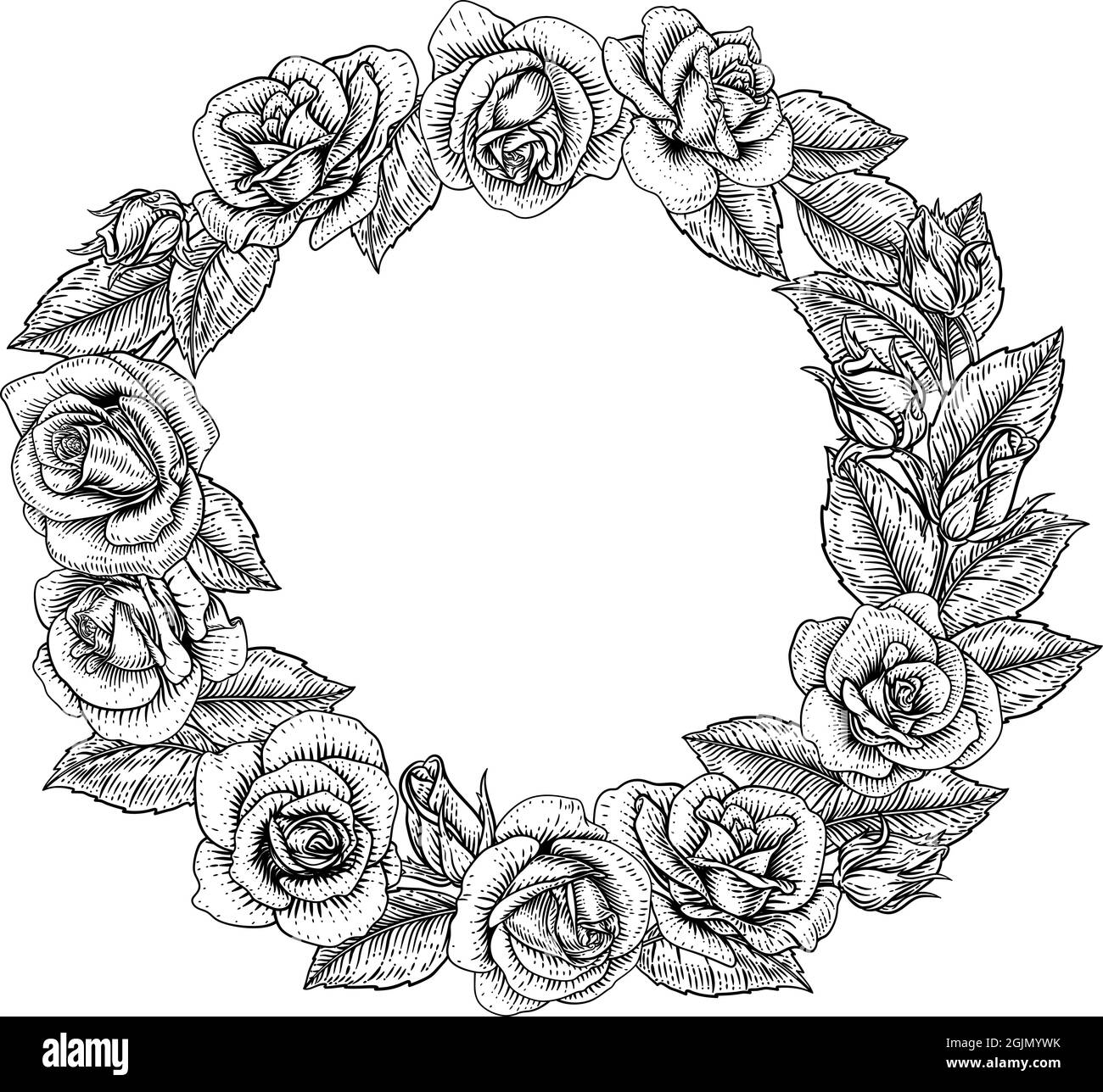 Rose Flower Border Woodcut Vintage Circle Frame Stock Vector Image ...