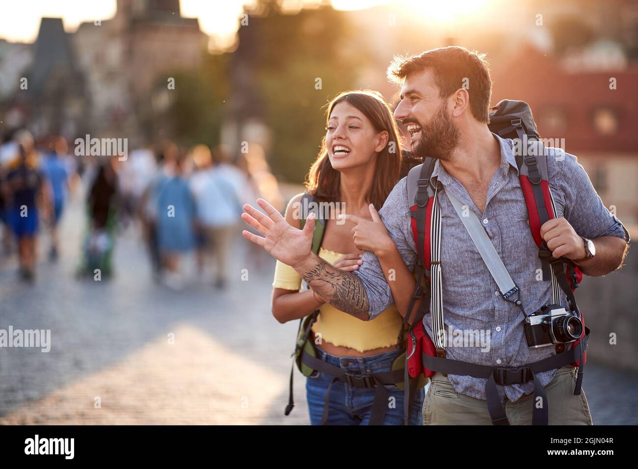 Tourist couple sightseeing in Prague; Traveller lifestyle Stock Photo ...
