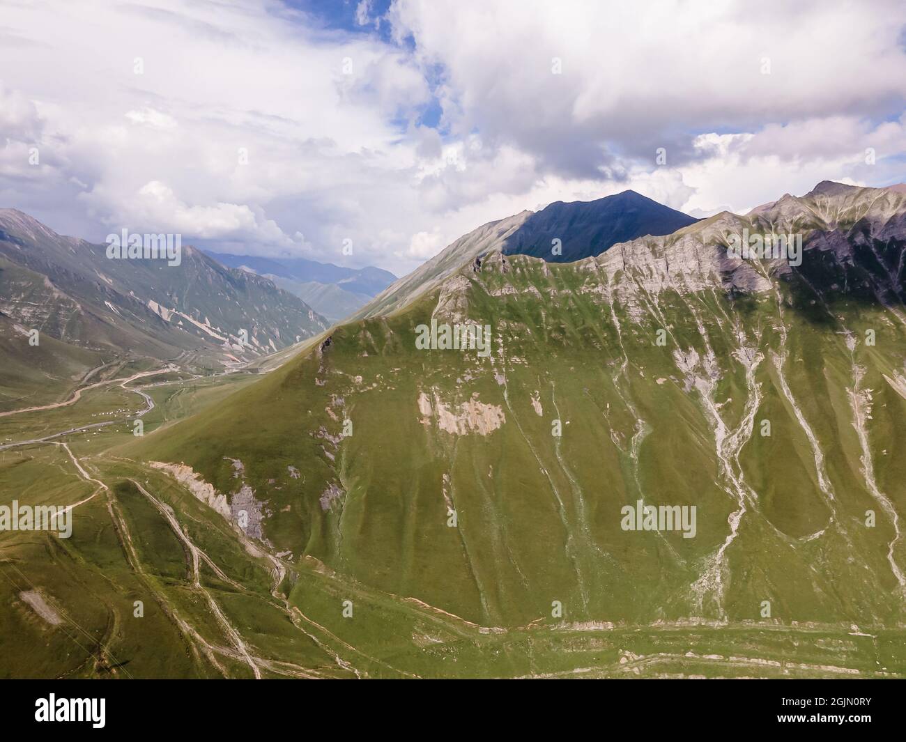 Scenic aerial view of beautiful Caucasus mountains in Kazbegi, Georgia ...