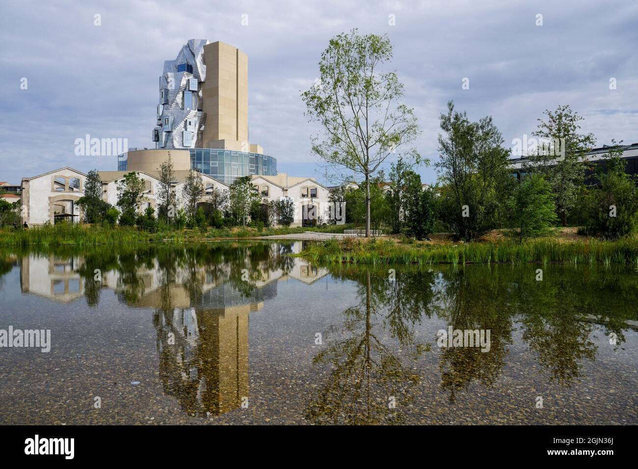 The Luma Tower and the pond, Arles, Bouches du Rhône, Southern France ...