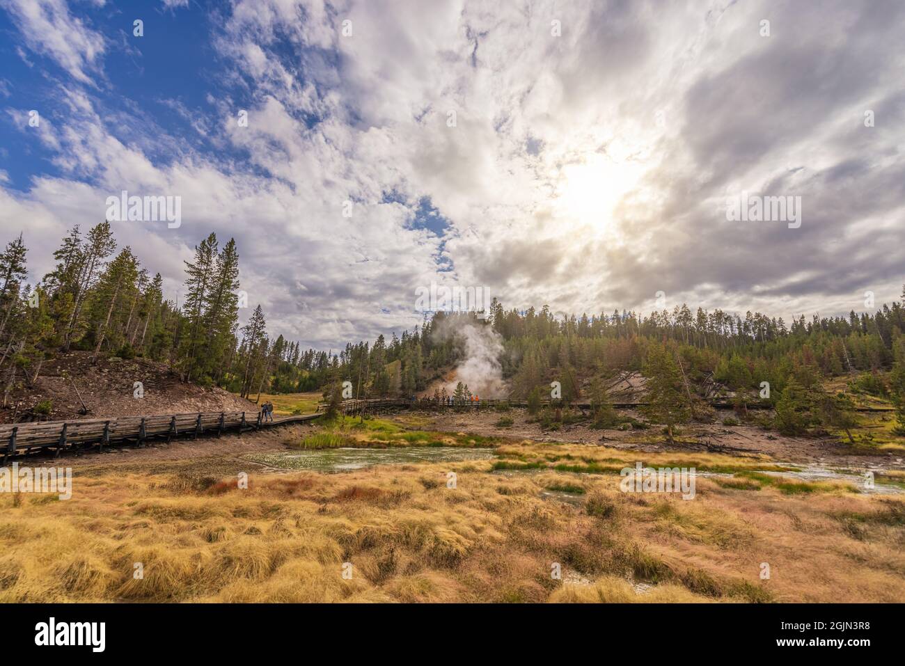 YELLOWSTONE NATIONAL PARK, WYOMING - AUGUST 20, 2021: Tourists on the ...