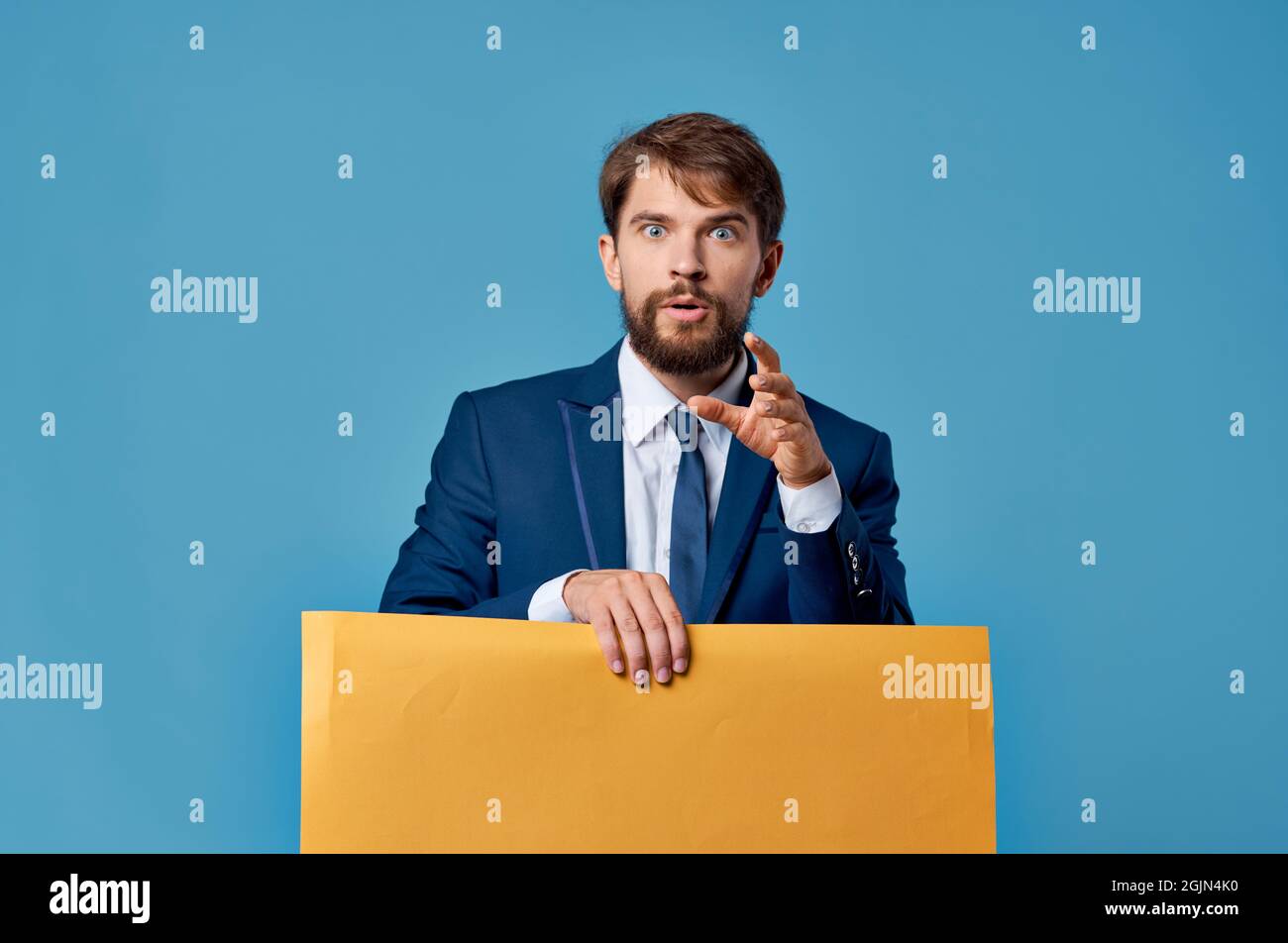 bearded man advertising yellow banner presentation isolated background ...