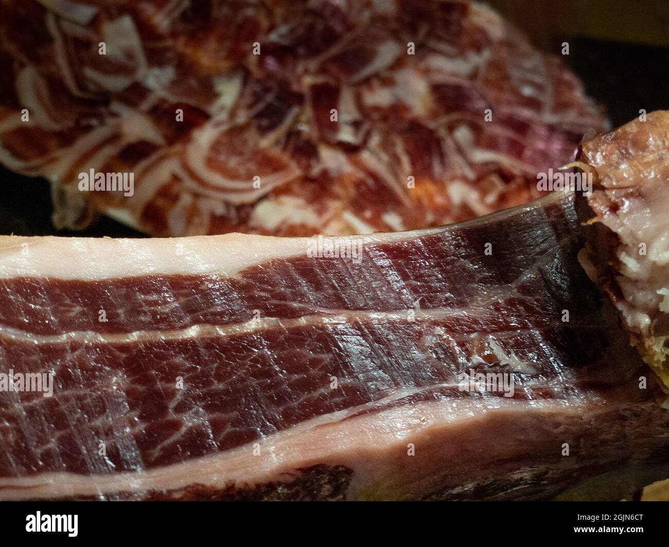 Close up of slices spanish dried pork also known as Jamon Serrano ...