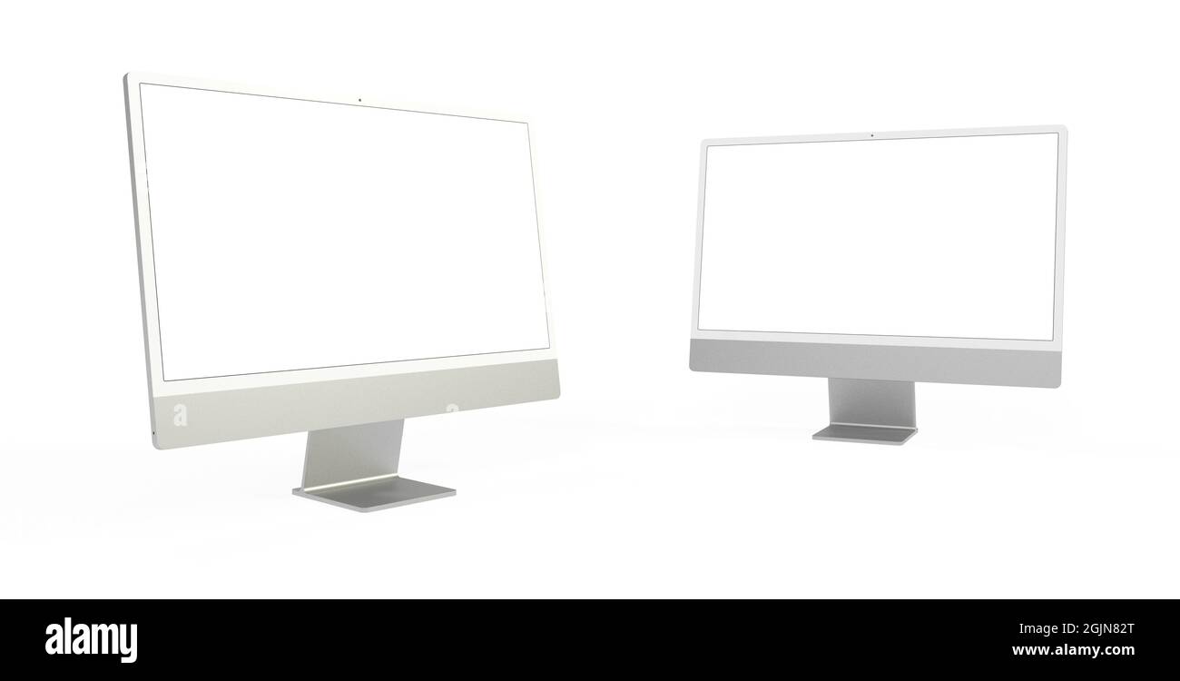 3D rendering of computer monitors with copy space isolated on white ...