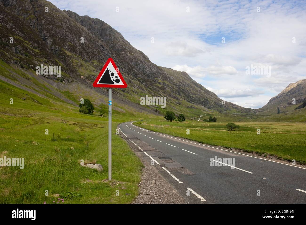 Risk of falling or fallen rocks ahead sign, Gelncoe, Scotland Stock ...