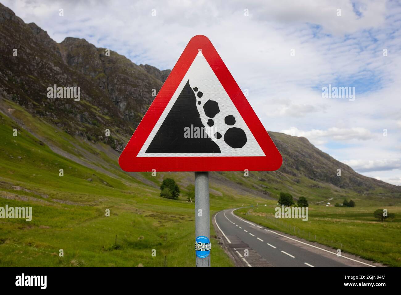 Risk of falling or fallen rocks ahead sign, Gelncoe, Scotland Stock ...