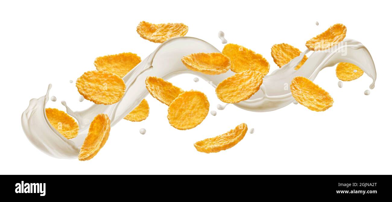 Corn flakes with milk splash isolated on white background Stock Photo ...
