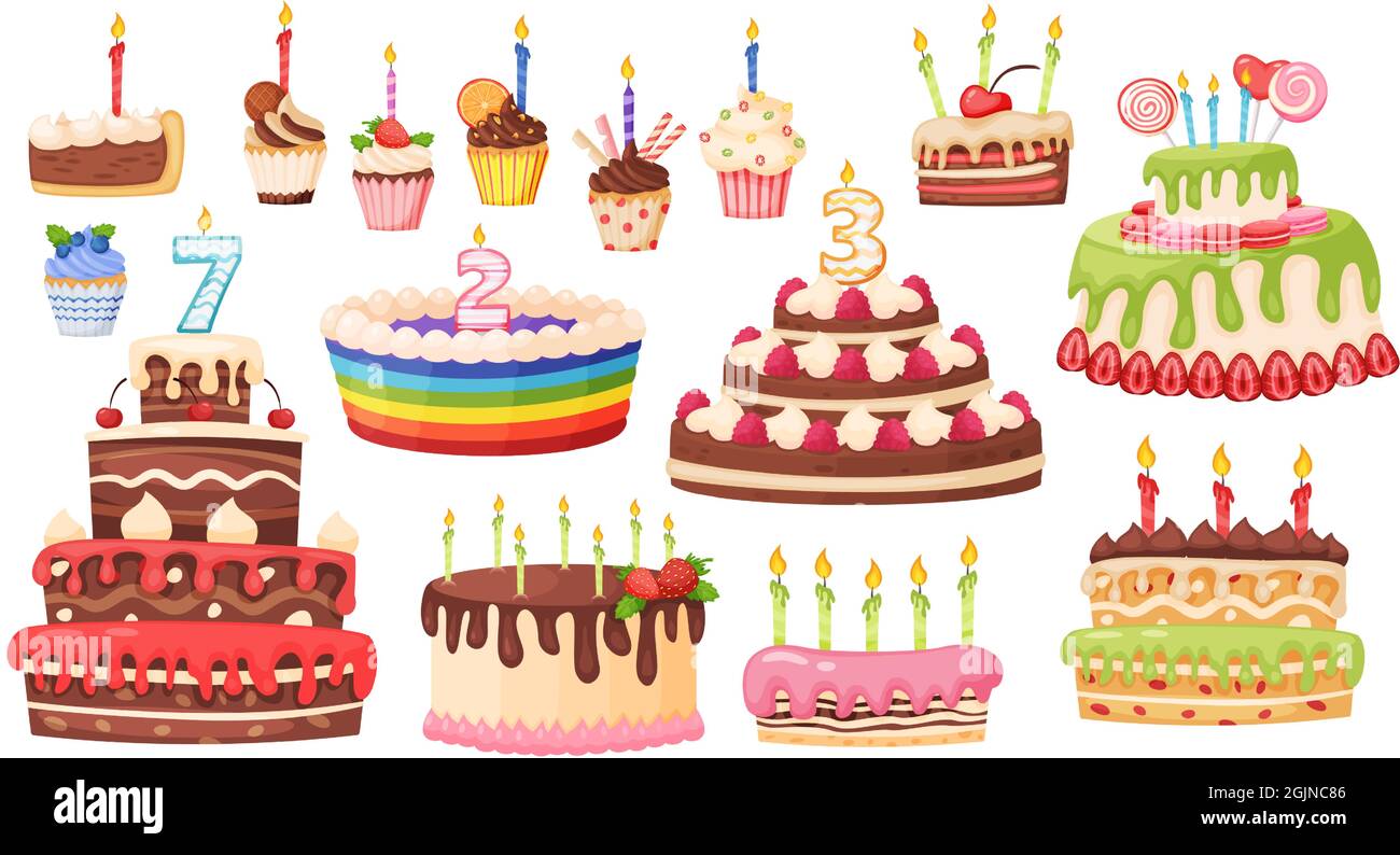 Cartoon cakes and cupcakes with candles, delicious sweet desserts ...
