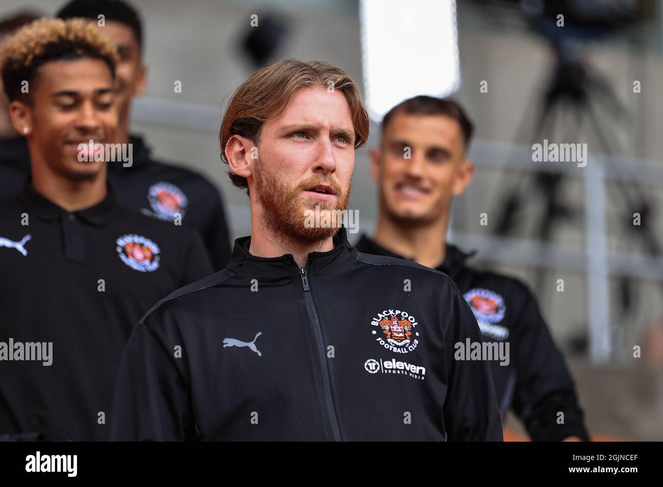 Josh Bowler #11 of Blackpool arrives at Bloom field Road Stock Photo ...