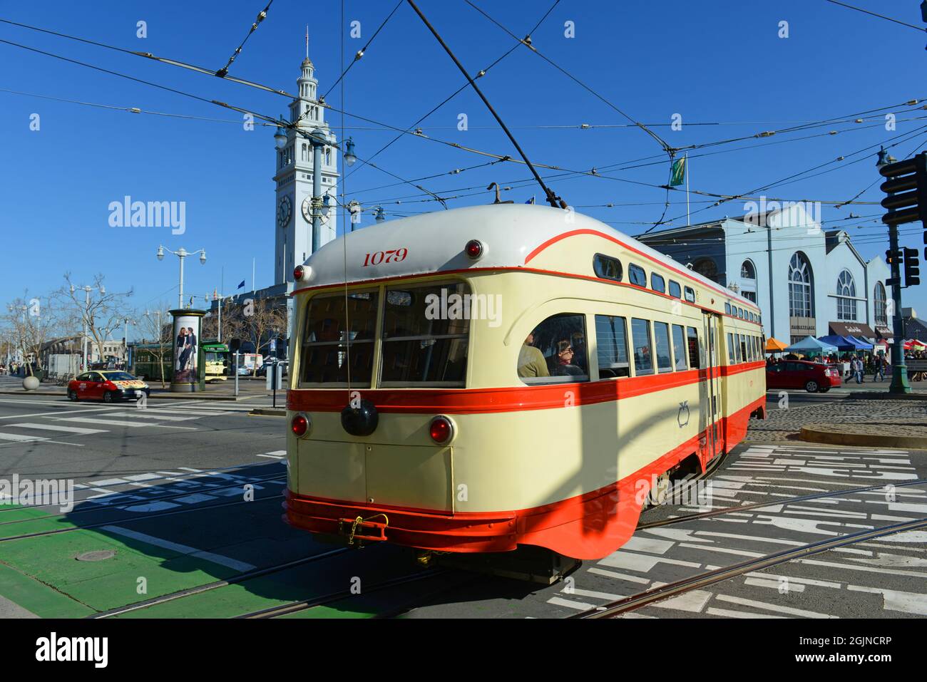 F-line Antique PCC streetcar No.1079 Detroit Michigan on Embarcadero ...
