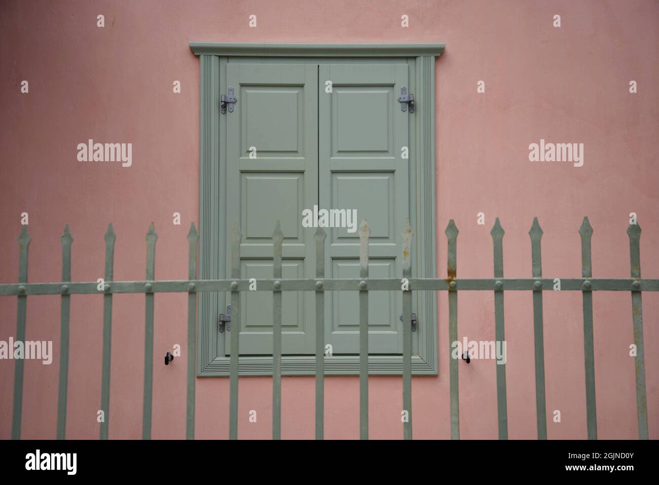 Neoclassical house window with sage green wooden shutters and matching ...