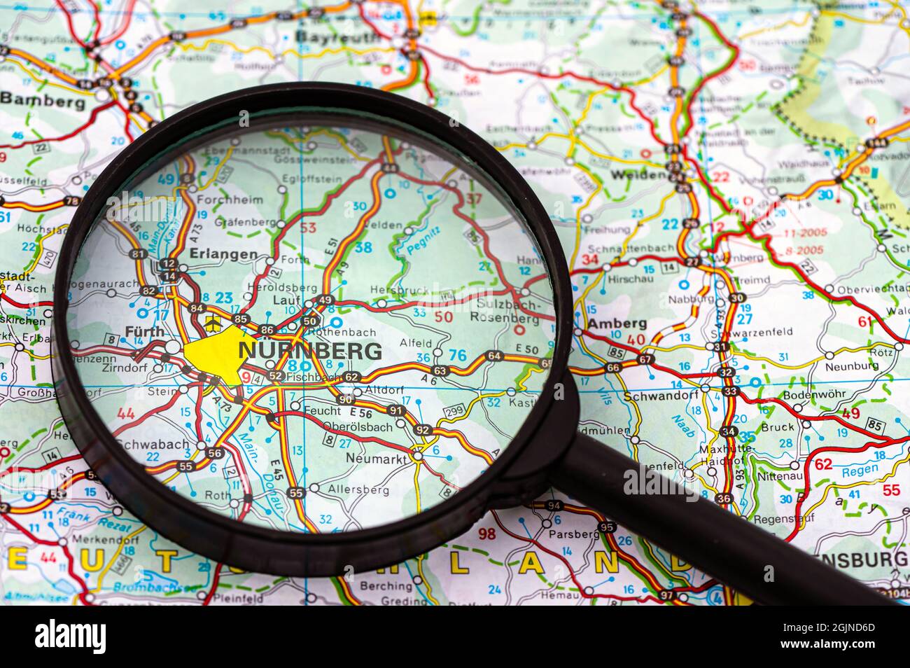 map of Nurnberg (Nuremberg) in Germany through magnifying glass ...