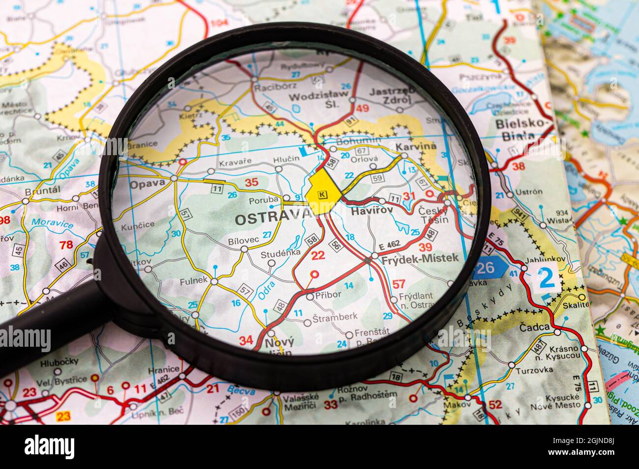 map of Ostrava in Czech Republic through magnifying glass, concept of ...