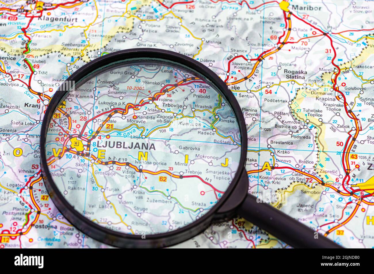 map of Ljubljana in Slovenia through magnifying glass, concept of ...