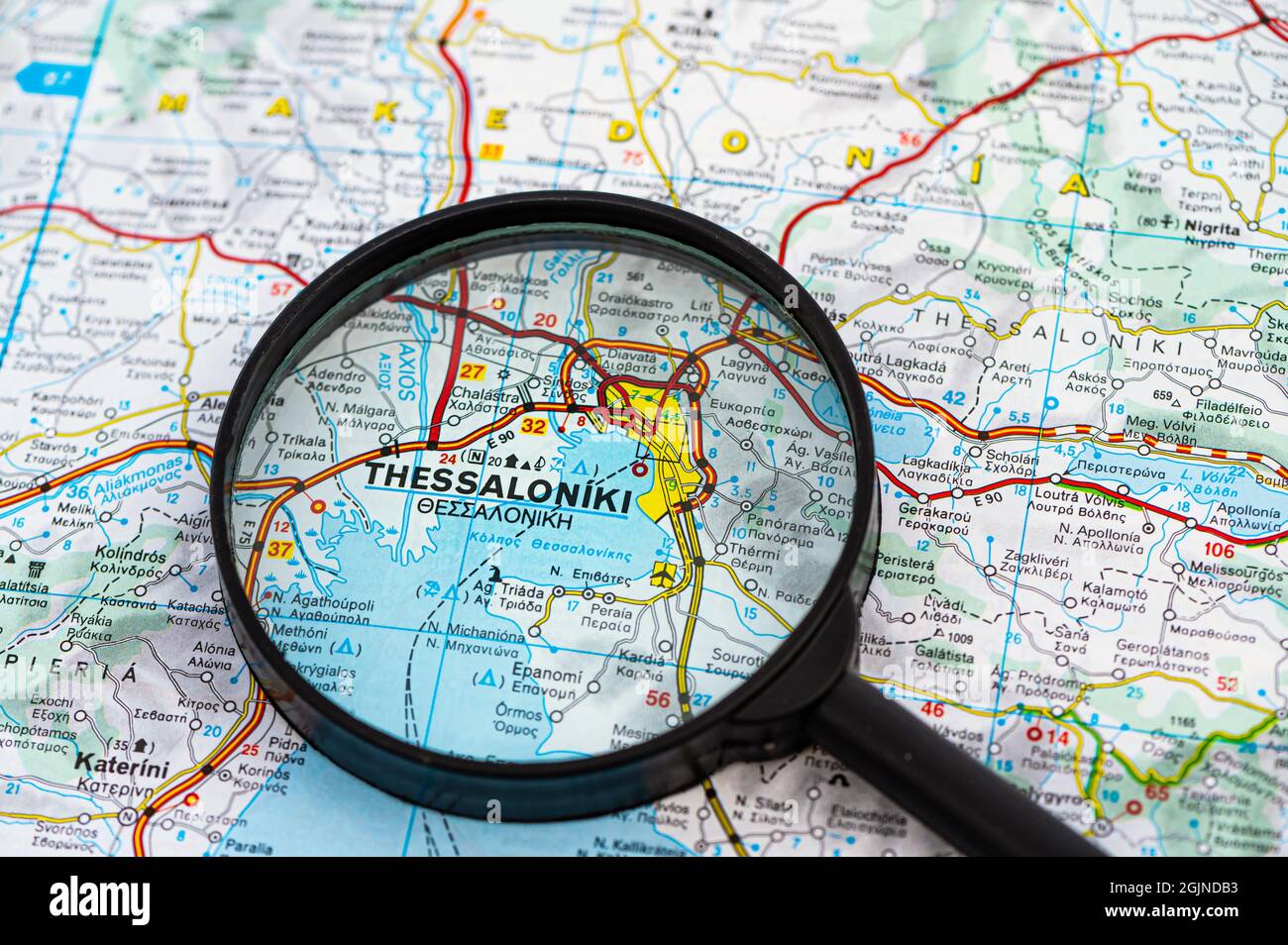 map of Thessaloniki in Greece through magnifying glass, concept of ...