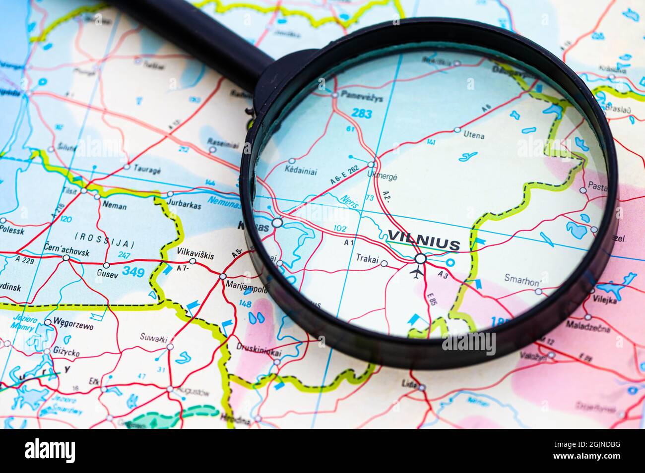 map of Vilnius in Lithuania through magnifying glass, concept of ...