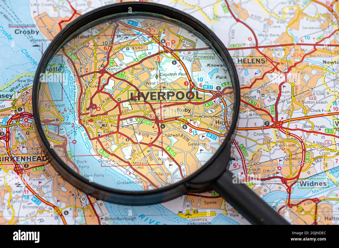 map of Liverpool in England through magnifying glass, concept of ...