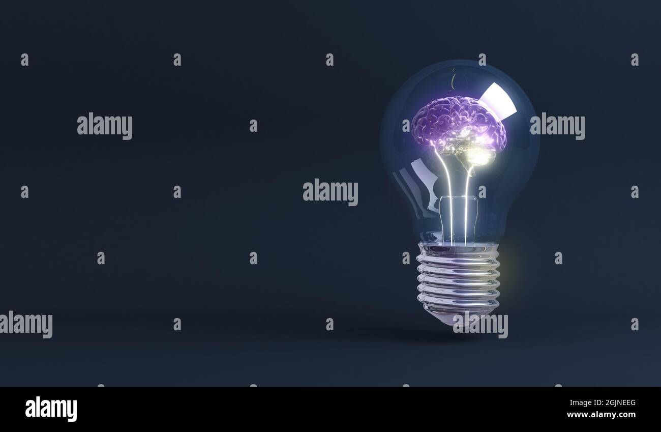 Artificial intelligence concept, lightbulb with human brain, e-learning, 3d rendering Stock ...