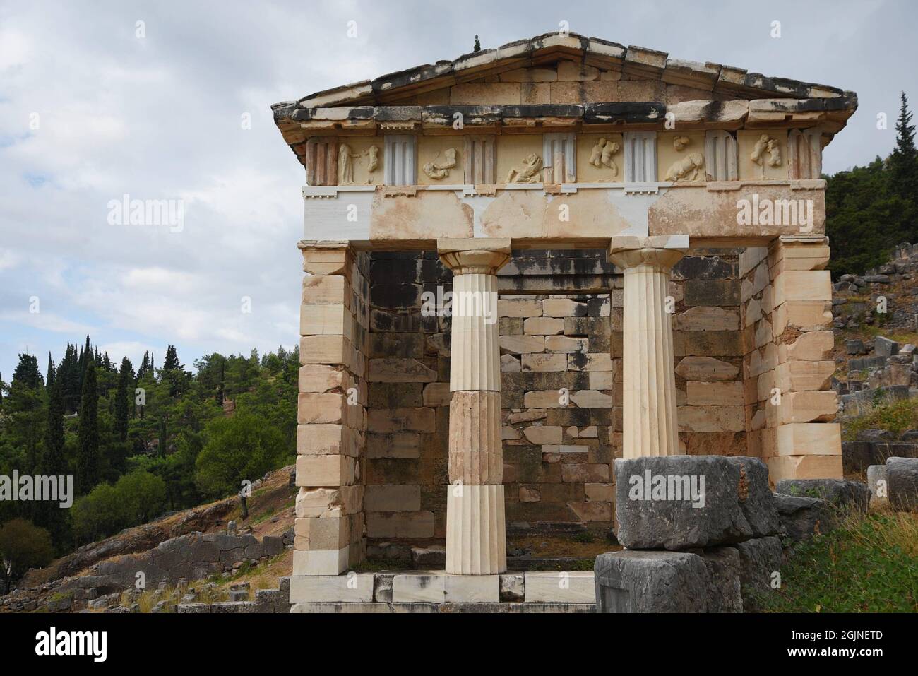 Landscape with scenic view of the Doric order Athenian Treasury a ...
