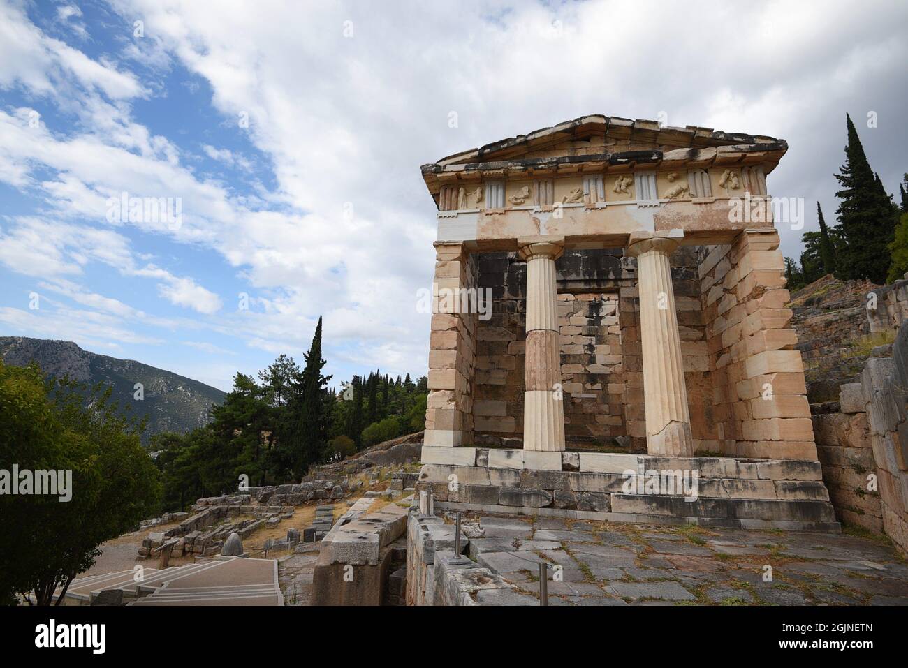 Landscape with scenic view of the Doric order Athenian Treasury a ...