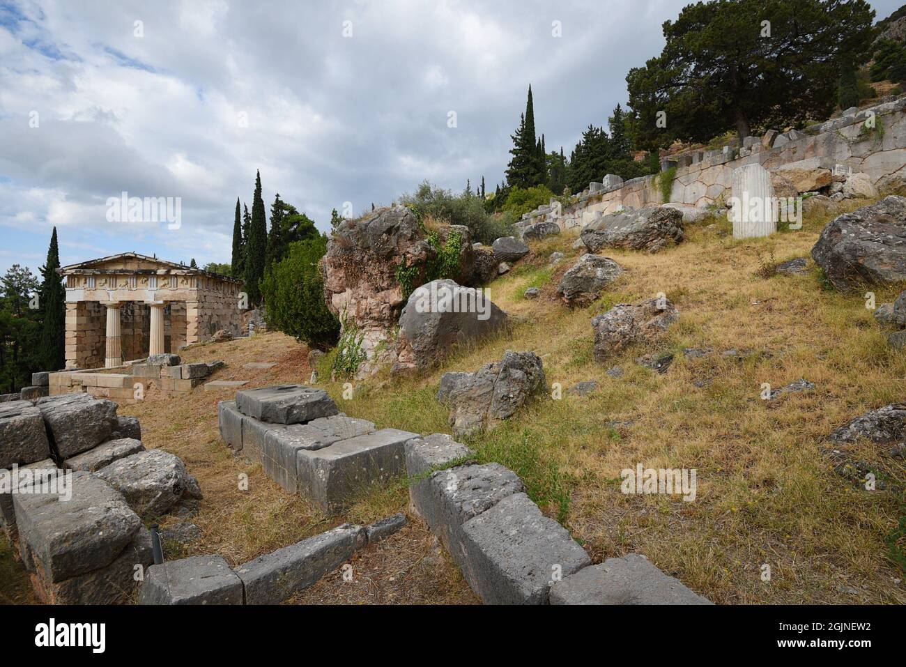 Landscape with scenic view of the Doric order Athenian Treasury a ...