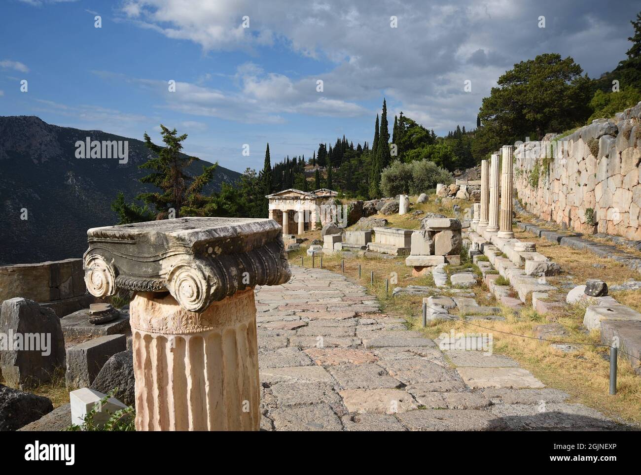 Landscape with scenic view of the Doric order Athenian Treasury a ...