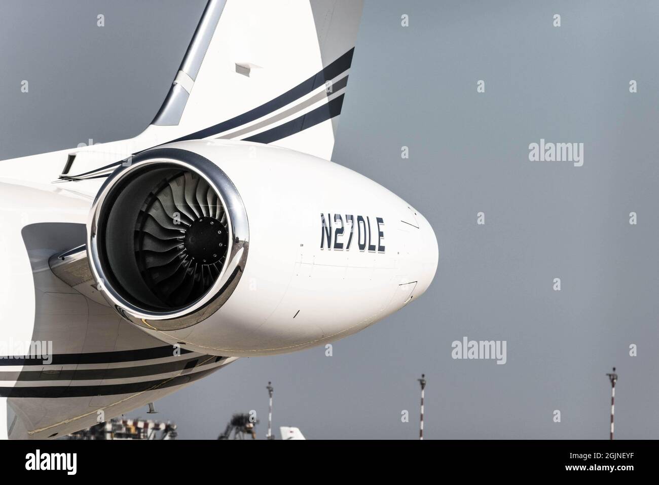 GENOVA, ITALY - Sep 30, 2018: A left engine of a Gulfstream G650 parked ...