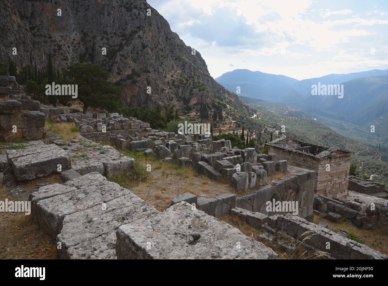Ancient marble ruins of the Doric order Temple of Apollo and view of ...