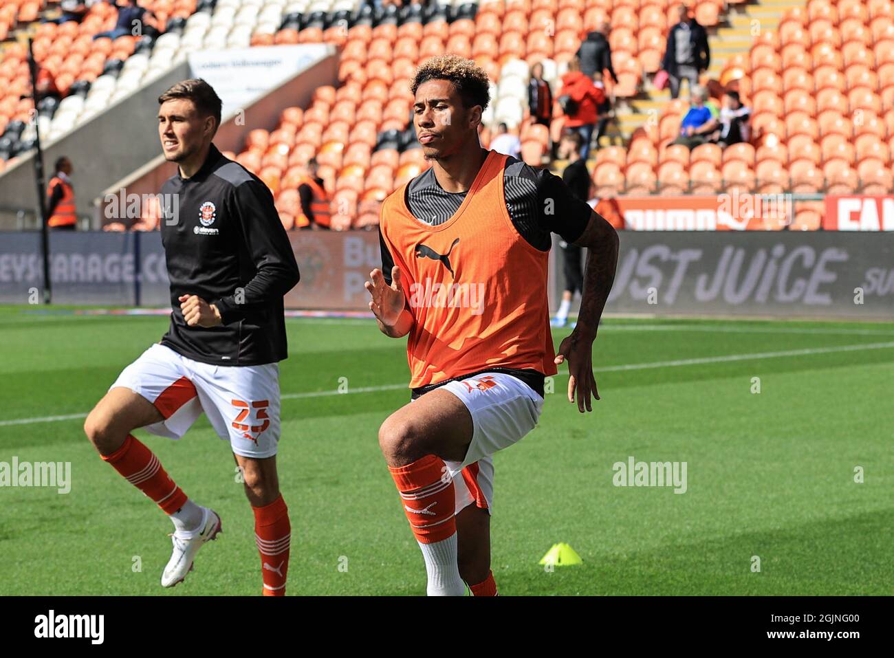 Jordan Gabriel #4 Of Blackpool during the pre-game warmup as he ...