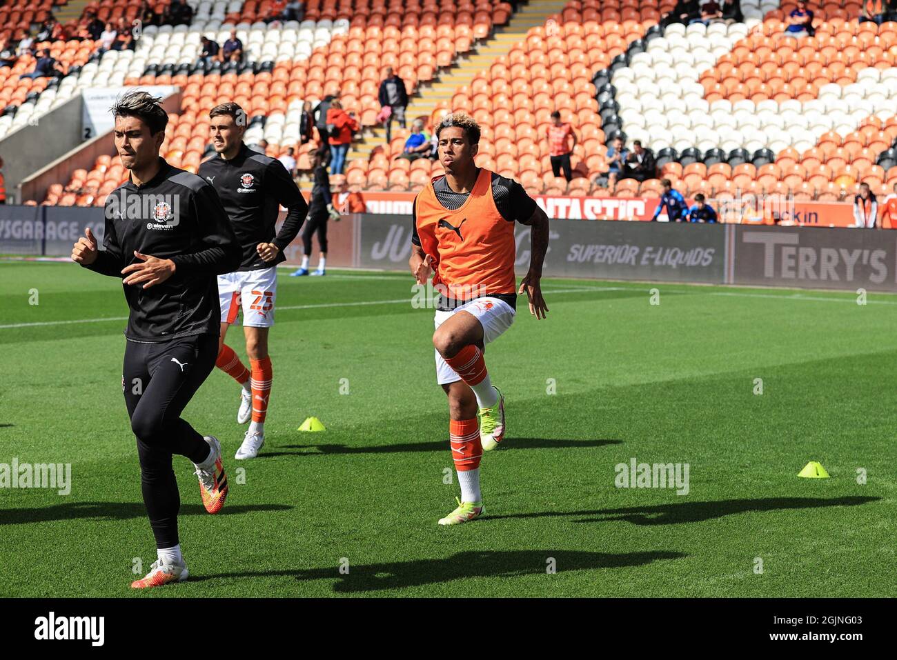 Jordan Gabriel #4 Of Blackpool during the pre-game warmup as he ...