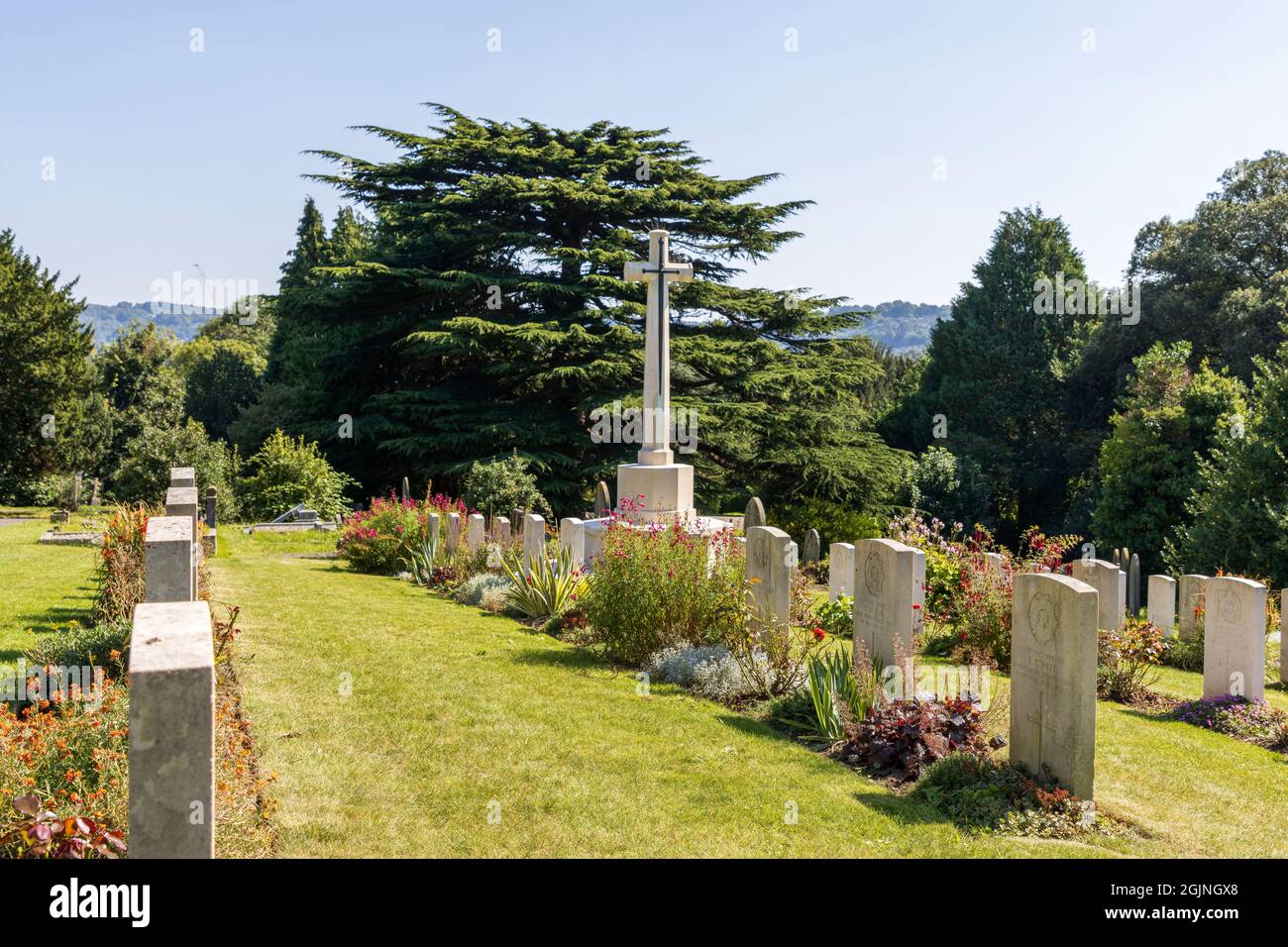 A view of The CWGC Graves and Cross of Sacrifice at Locksbrook Cemetery ...