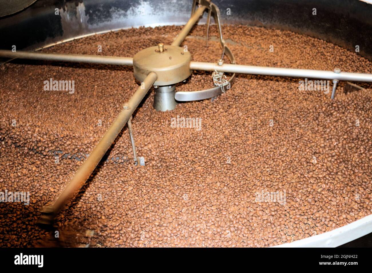 A coffee roasting factory scene with large burlap sacks filled with ...
