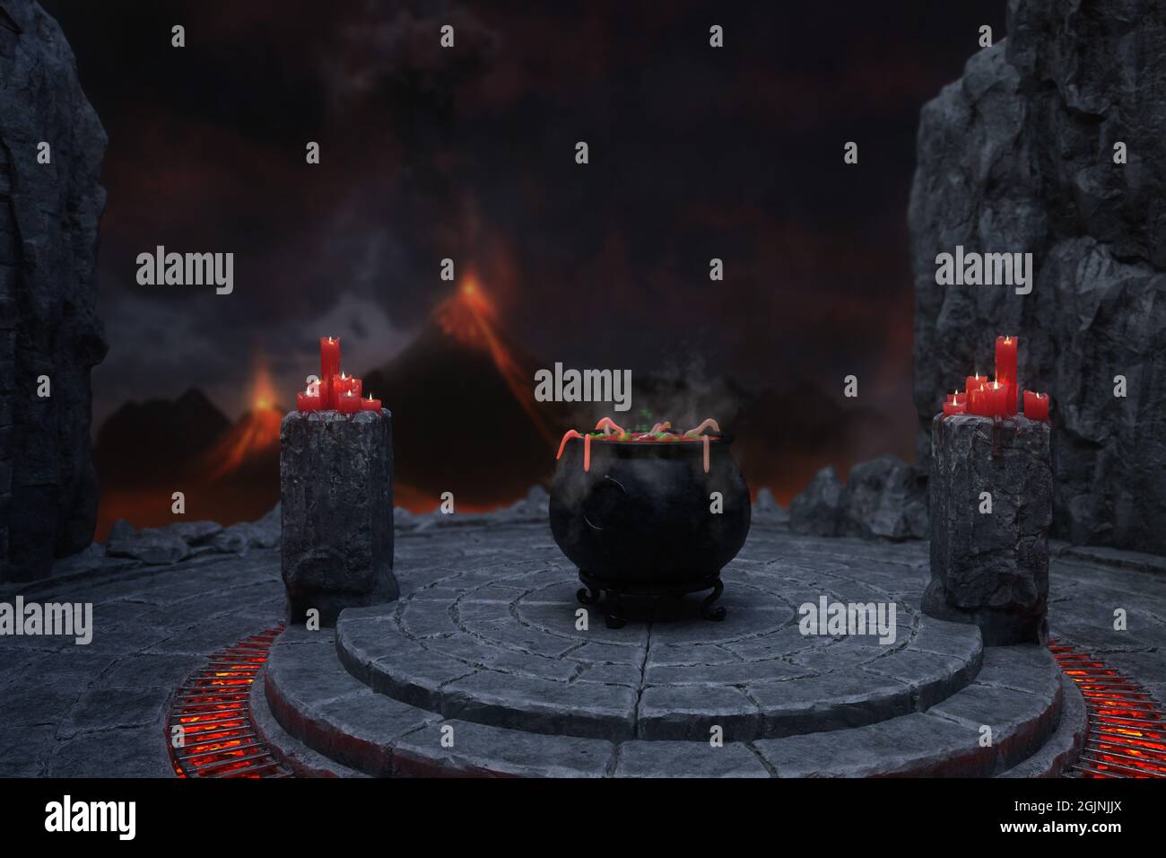 Witch's lair with a large cauldron on a stone platform surrounded by ...