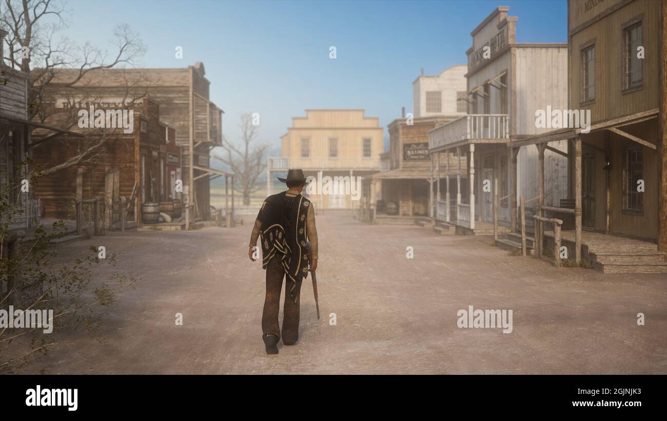 A cowboy or gunman walking away from the viewer along an empty dusty ...