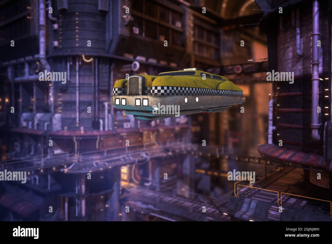 Cyberpunk science fiction flying yellow taxi cab in a futuristic city ...