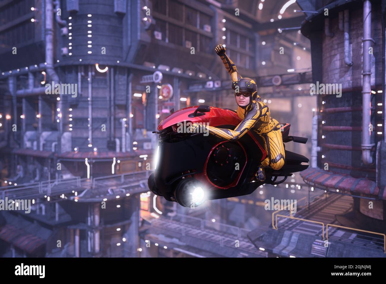 Woman riding a futuristic flying hover bike in a dark cyberpunk city at ...