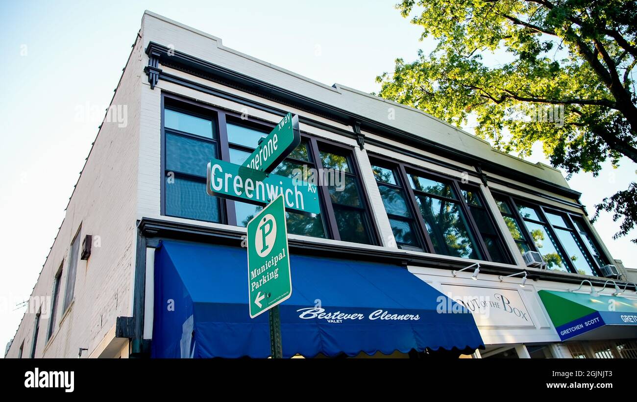 GREENWICH, CT, USA - SEPTEMBER 11, 2021: Greenwich Avenue street sign ...