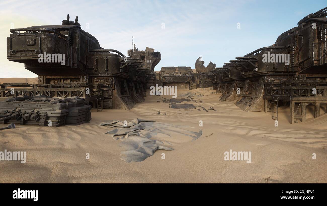 Abandoned ruin of an outpost in the desert of a remote alien planet ...