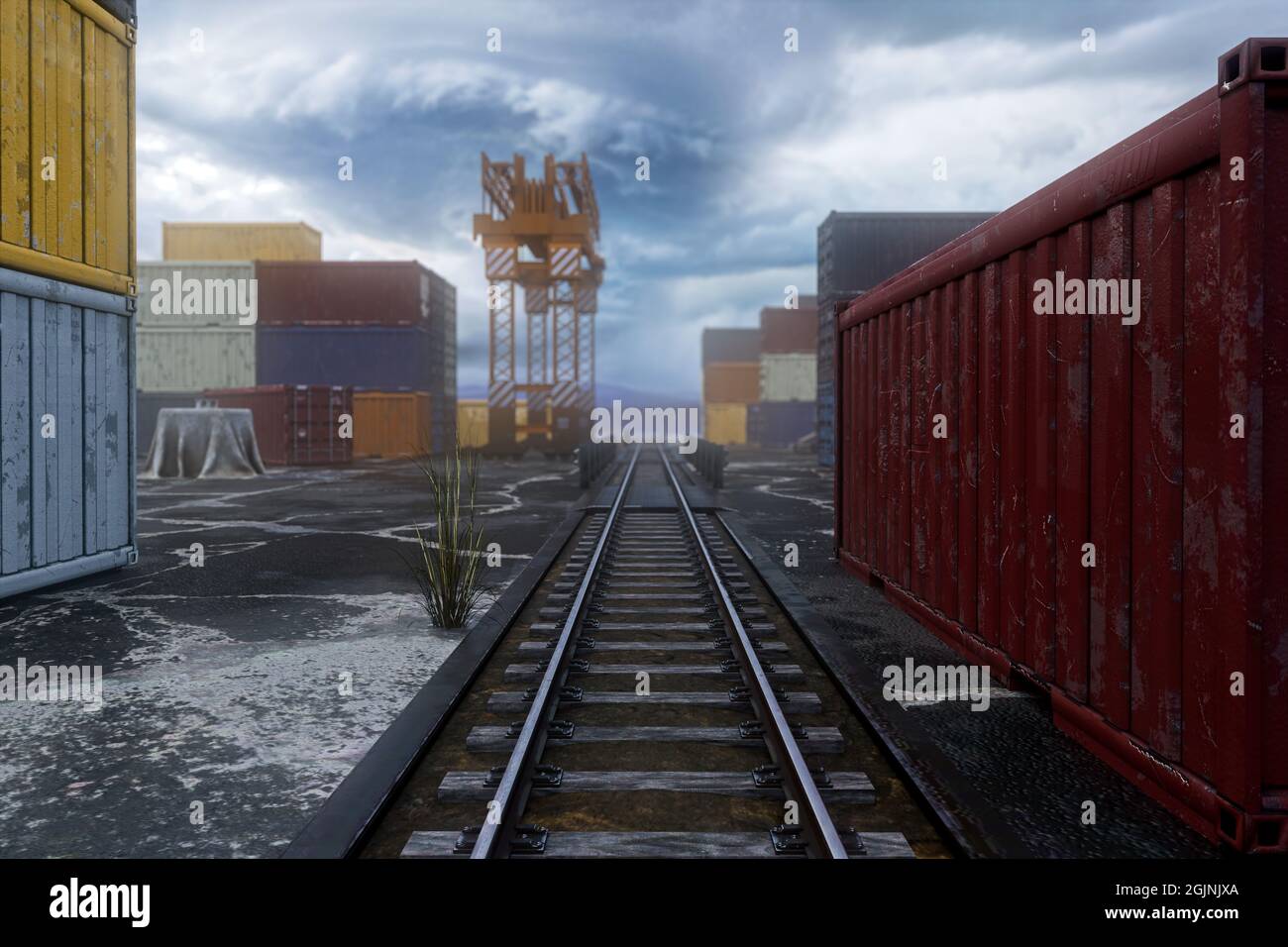 3D illustration of a train track through generic docklands shipping ...