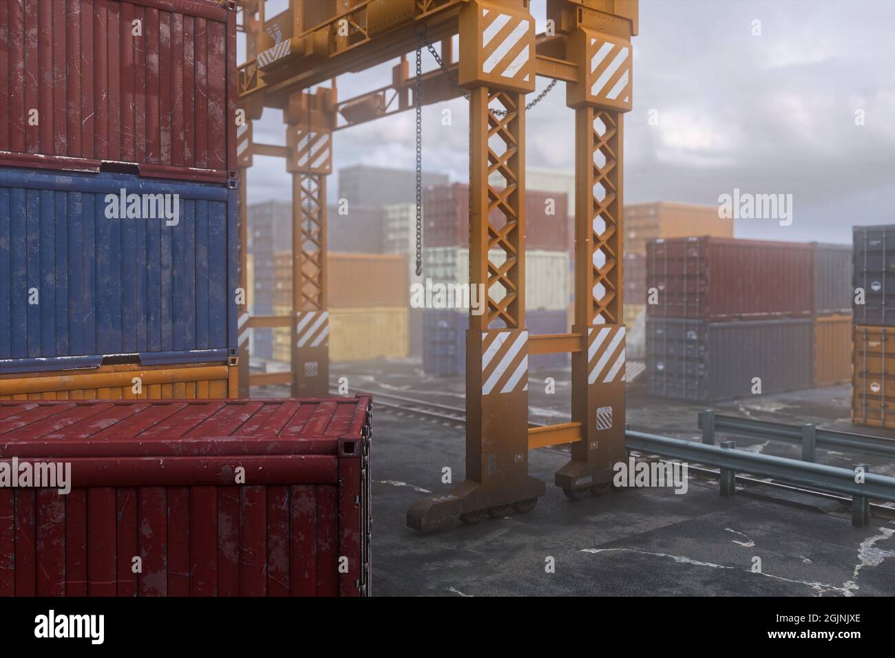 3D illustration of docklands shipping container yard with railway track ...