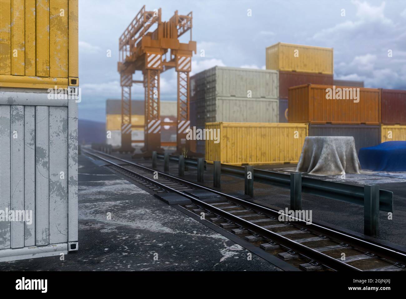 3D illustration of a docklands yard with railway track and crane ...