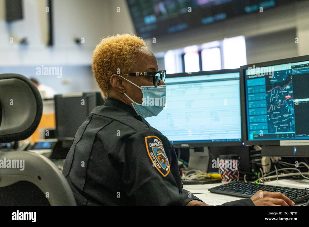 New York, NY - September 10, 2021: Police officer works at NYPD Joint ...